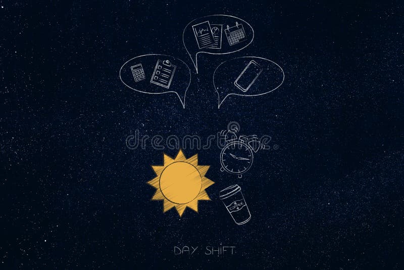 Day Shift Sun Alarm & Coffee Icon with Comic Bubbles and Office Stock ...