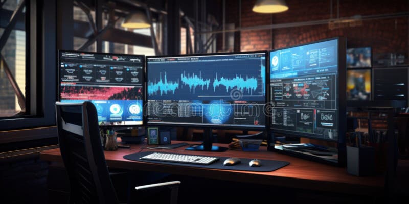 Day Trade in a Modern Office, Computer with Graphics, Blue and Black ...