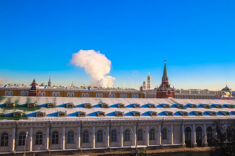 Day View of Kremlin District with Blue Sky and White Cloud of Water ...