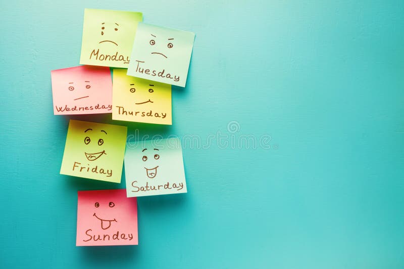 Day of Week and Face Expression. Colored Stickers on a Blue Background ...