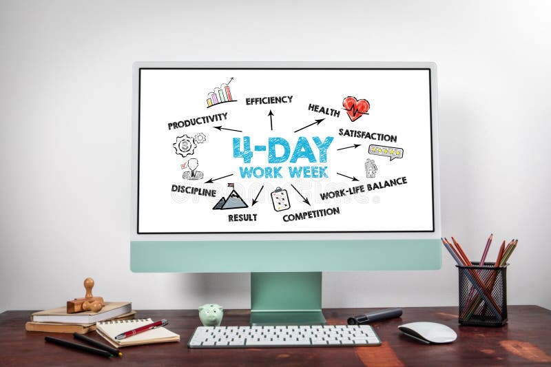4-day Work Week. Illustration with Icons, Keywords and Arrows Stock ...