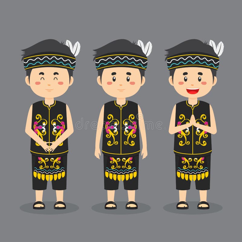 Dayak Couple Traditional National Clothes of Indonesia. Set of Cartoon ...