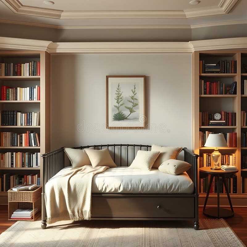 Daybed in a Cozy Library Corner with Bookshelves Soft Lighting and a ...