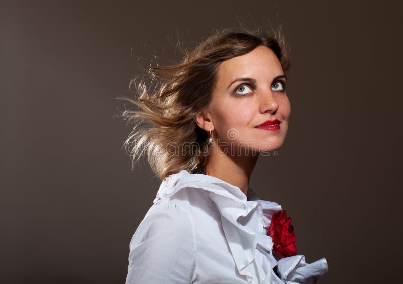 Daydreamed Woman in White Blouse Stock Image - Image of copyspace ...