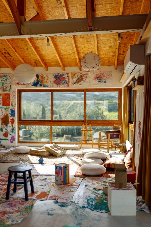 Daylight Art Studio Interior with Large Windows, Multiple Stretched ...