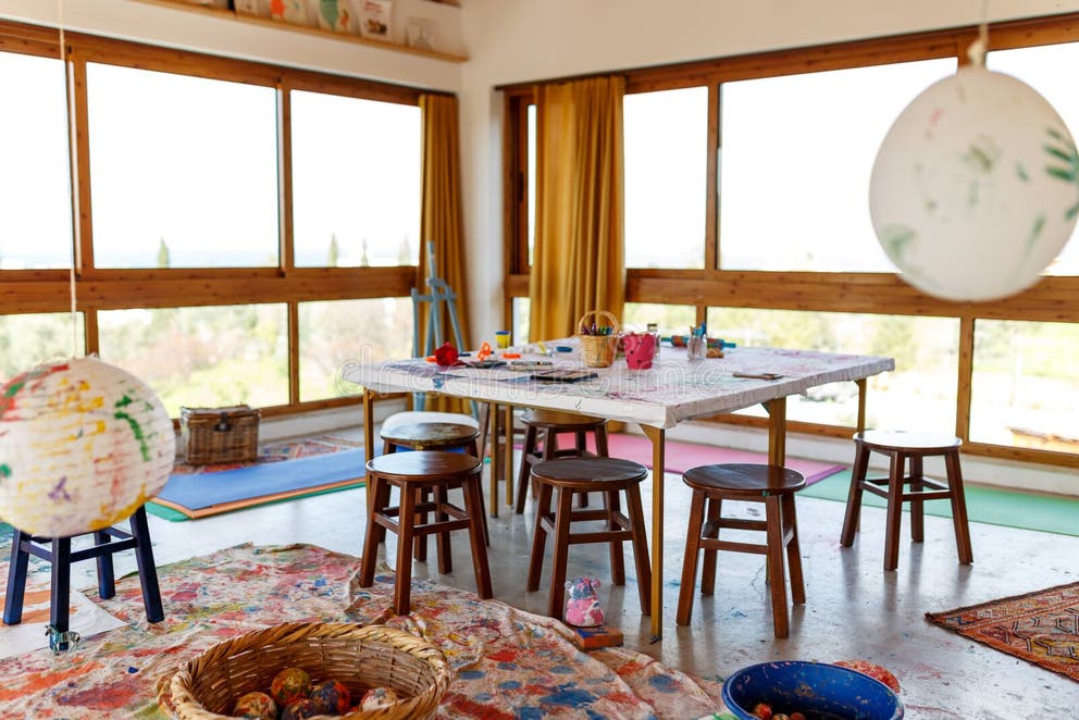 Daylight Art Studio Interior with Large Windows, Multiple Stretched ...