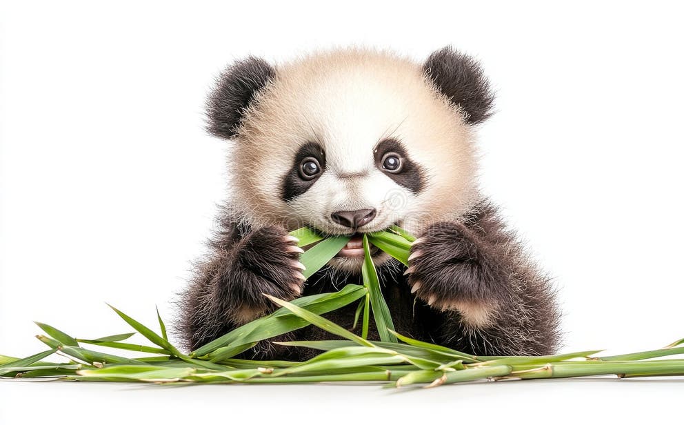 In the Daylight, a Cute Panda Snacks on Bamboo in a Luminous White ...