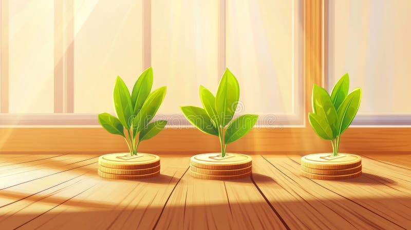 In the Daylight, Greenery Emerges from Stacked Coins, Framed by a ...