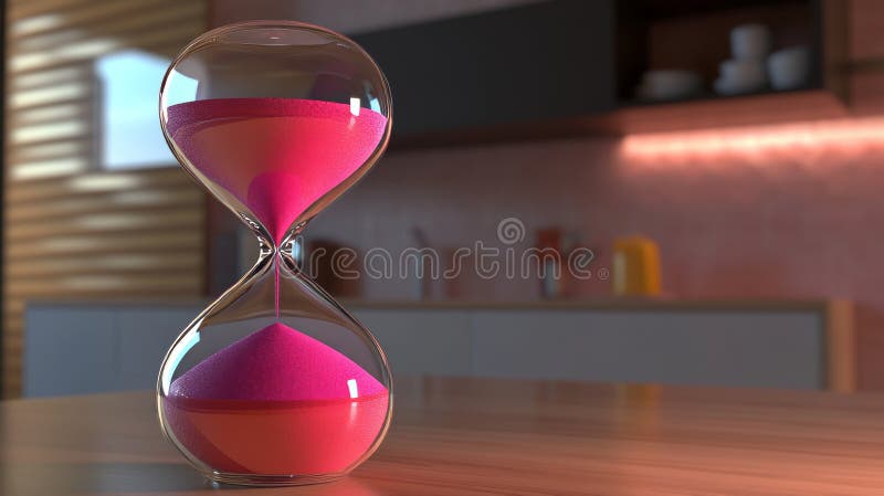 Daylight Illuminates a Pink Hourglass that Rests on a Wooden Table in a ...