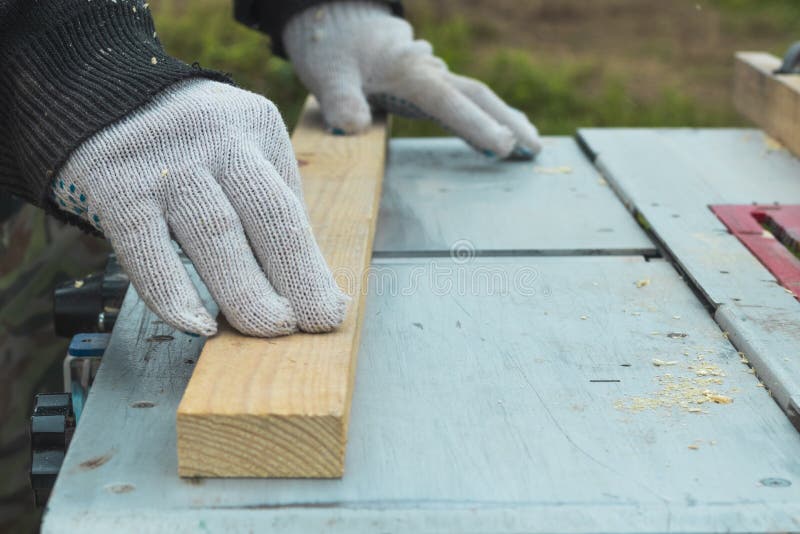 Daylight. Machine for Sawing Wood. the Master Hands the Board, the ...