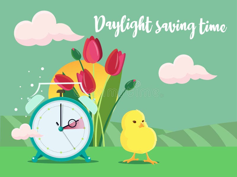 Daylight Saving Time Banner. Clocks Move Forward. Tulips and Chicken ...