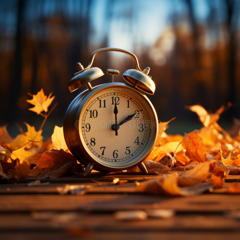 Daylight Saving Time Concept: Alarm Clock Amidst Autumn Leaves Tableau ... Daylight Saving Time Concept: Alarm Clock Amidst Autumn Leaves Tableau ...