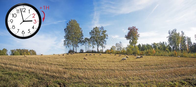 Daylight Saving Time DST. Blue Sky with White Clouds and Clock Stock ...