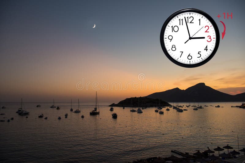 Daylight Saving Time DST. Blue Sky with White Clouds and Clock Stock ...