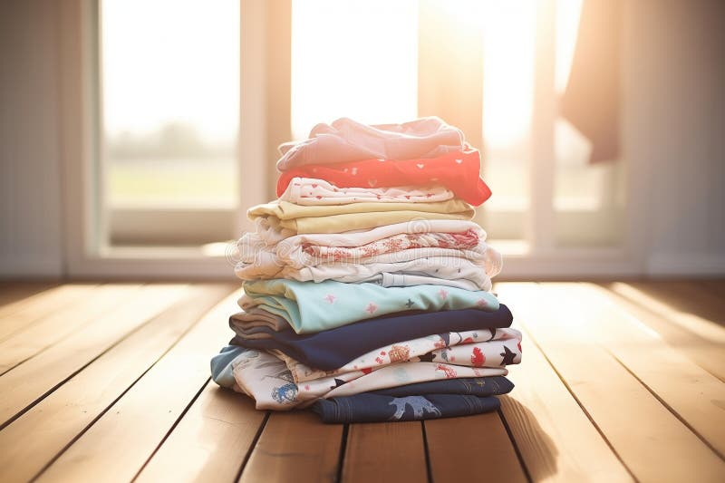 Daylight Shining on a Stack of Kids Clothes on a Wooden Floor Stock ...