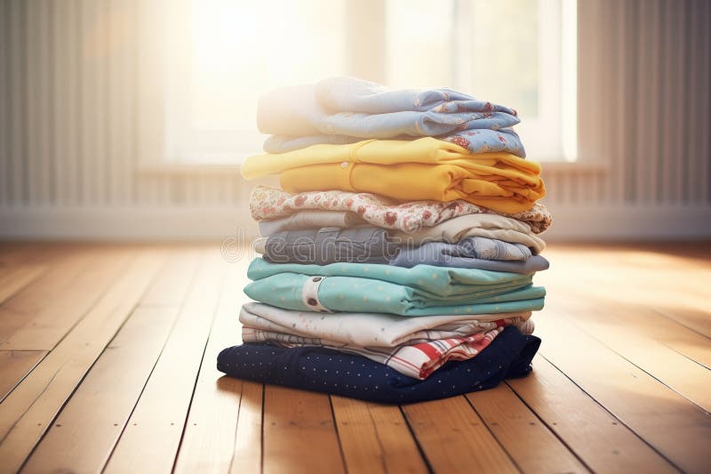 Daylight Shining on a Stack of Kids Clothes on a Wooden Floor Stock ...