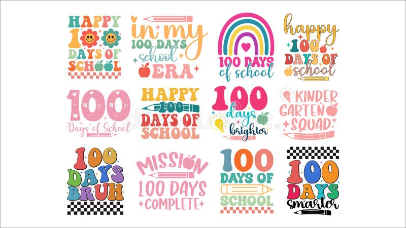 100 Days of School T-shirt Design Bundle. 100 Days of School Vector ...
