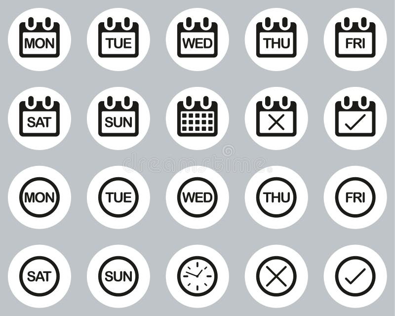 Days of the Week Icons Black & White Flat Design Circle Set Big Stock ...