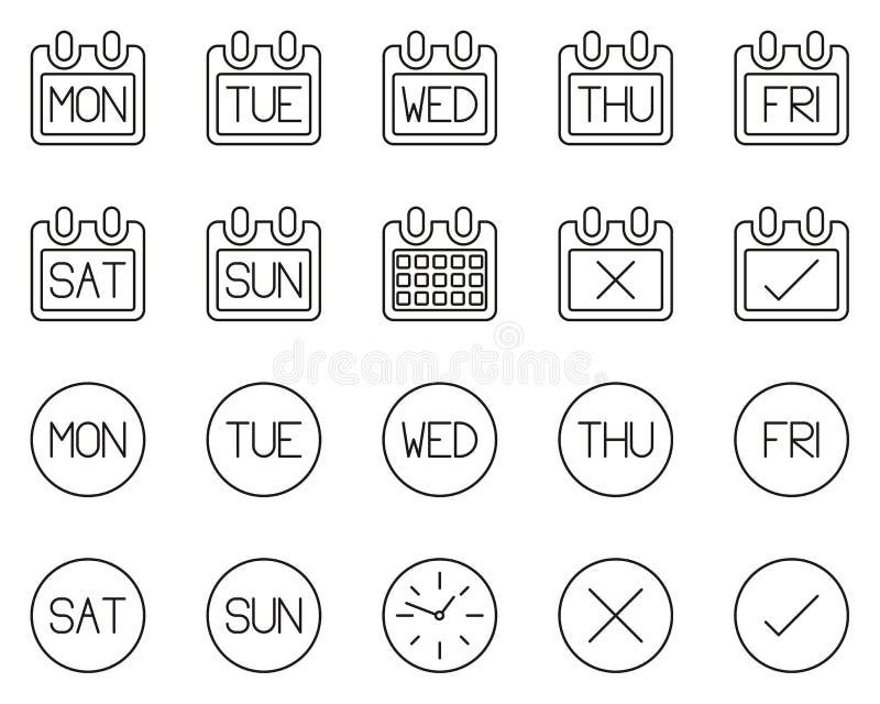 Days of the Week Icons Black & White Thin Line Set Big Stock Vector ...