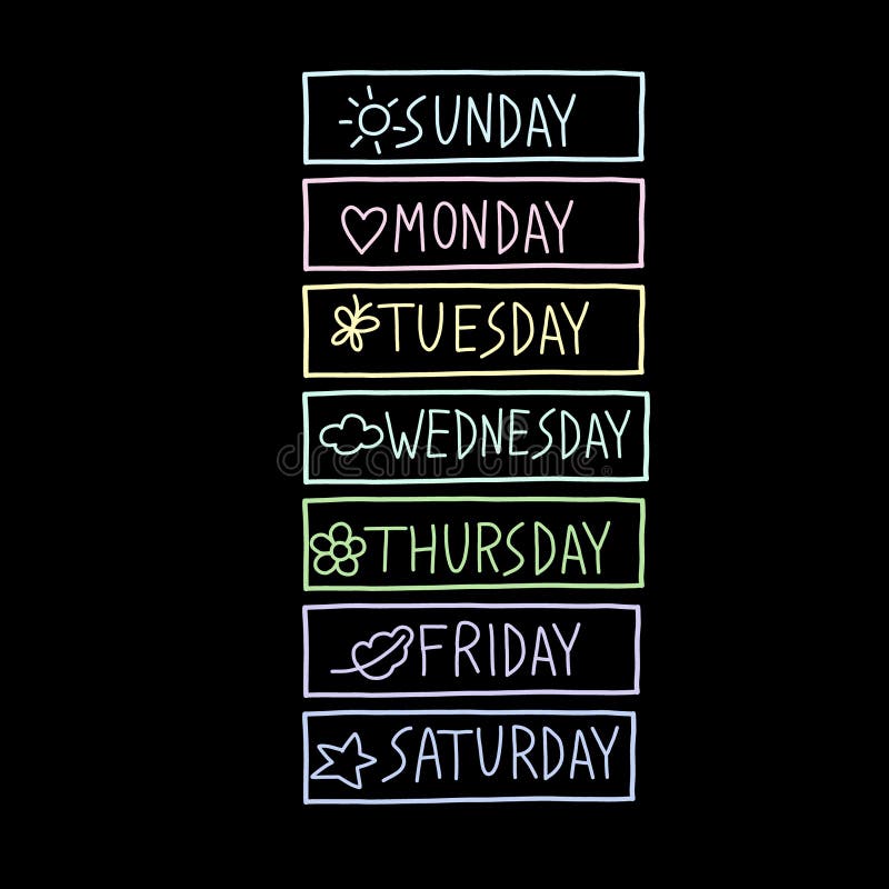 Days of Week from Monday To Sunday Tags Hand Drawn Stock Vector ...
