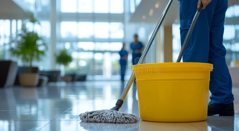 In the Daytime, a Group of Cleaners is Occupied with Mopping the Floor ...
