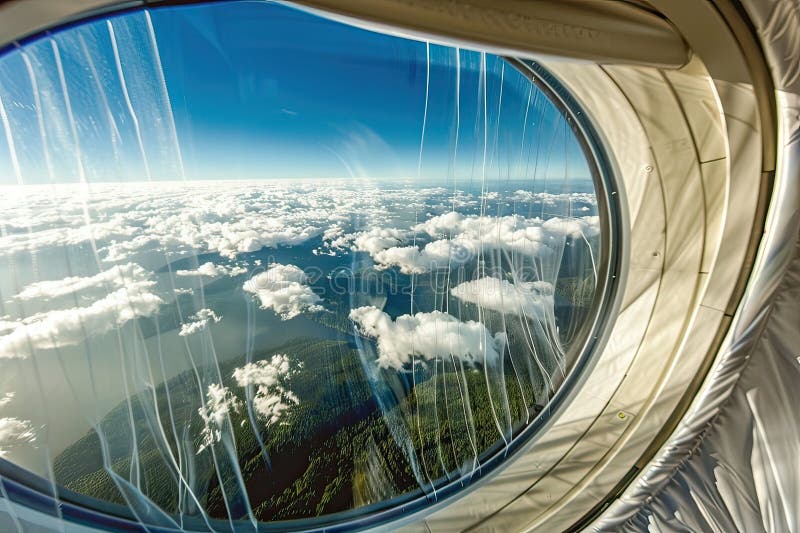 Daytime View from Airplane Window of Cloudy Sky and Landscape with ...