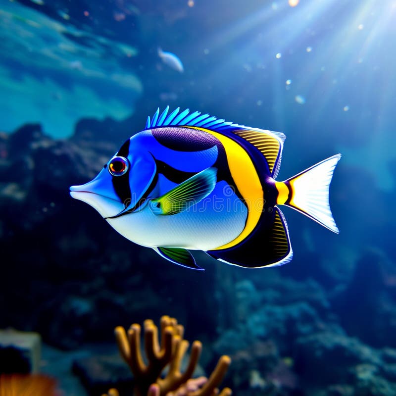 A Dazzling Angelfish with Bold Blue and Yellow Patterns, Gliding ...