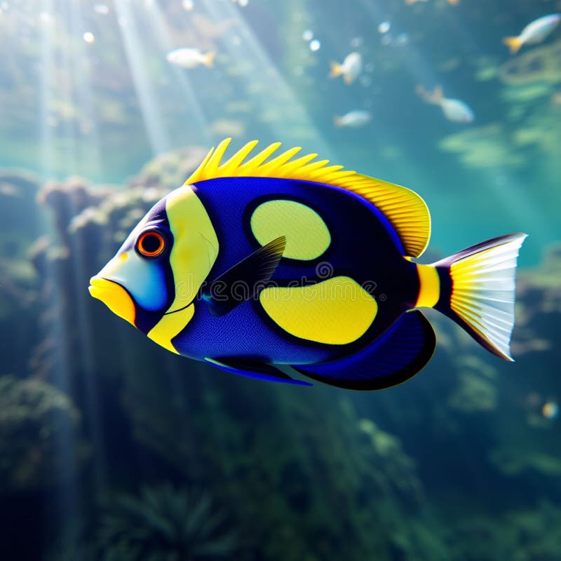 A Dazzling Angelfish with Bold Blue and Yellow Patterns, Gliding ...