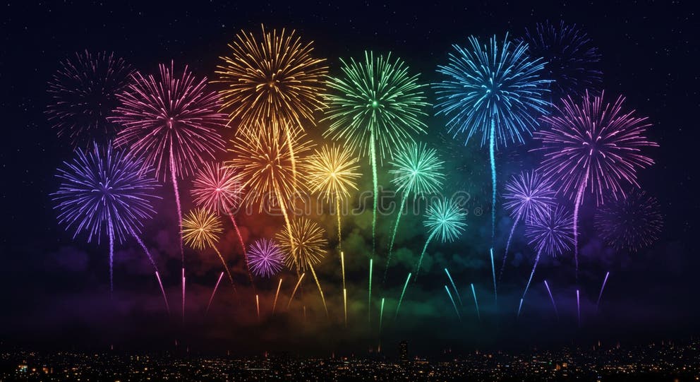 Dazzling Cityscape Fireworks Display Stock Illustrations – 3,383 ...