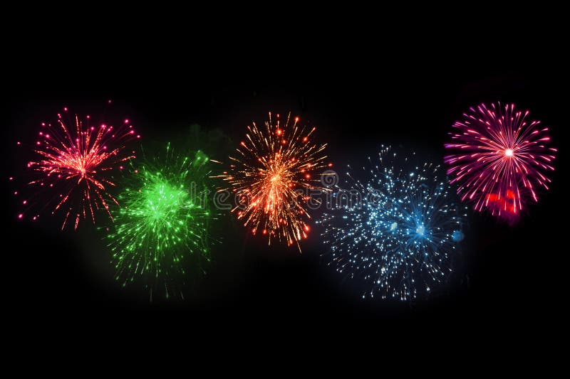 Vibrant Symphony: Five Fireworks Bursting in Harmony Stock Photo ...