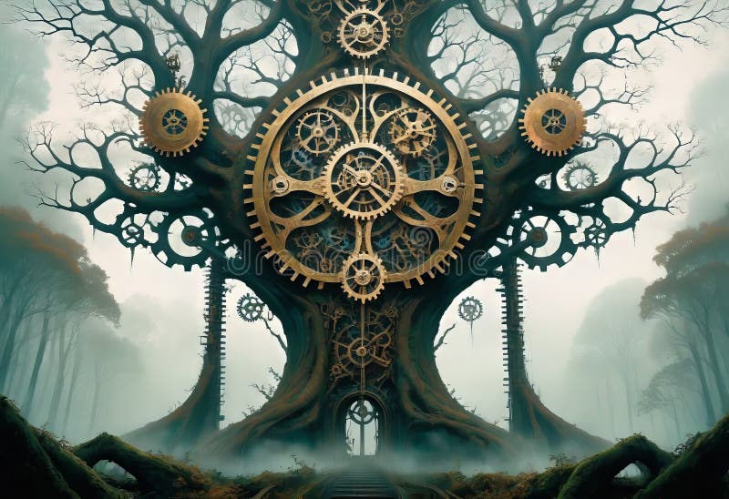 A Dazzling Ensemble of Mechanical Clockwork Trees Tower Stock Illustration - Illustration of ...