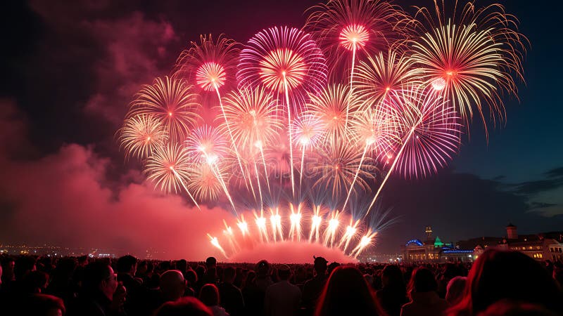 Dazzling Fireworks Explode Over a Crowd of Spectators. Stock ...