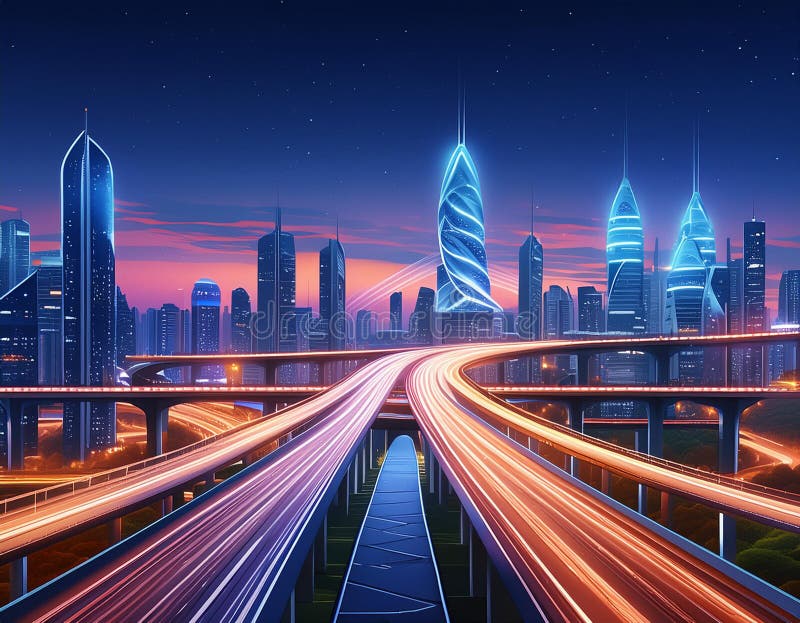 A Dazzling Futuristic City with Glowing Light Trails Under a Twilight ... A Dazzling Futuristic City with Glowing Light Trails Under a Twilight ...