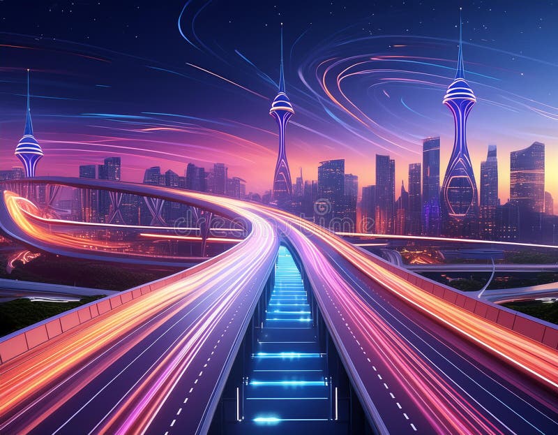 A Dazzling Futuristic City with Glowing Light Trails Under a Twilight ... A Dazzling Futuristic City with Glowing Light Trails Under a Twilight ...