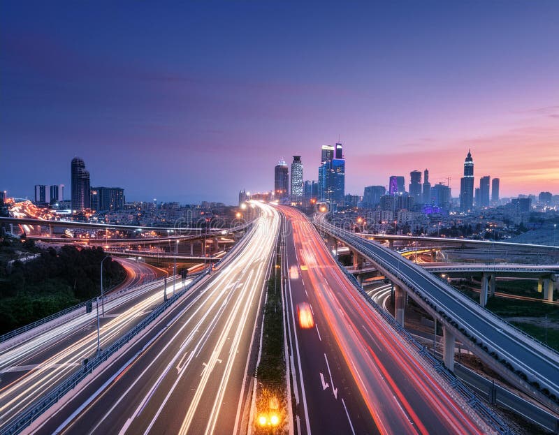 A Dazzling Futuristic City with Glowing Light Trails Under a Twilight ... A Dazzling Futuristic City with Glowing Light Trails Under a Twilight ...