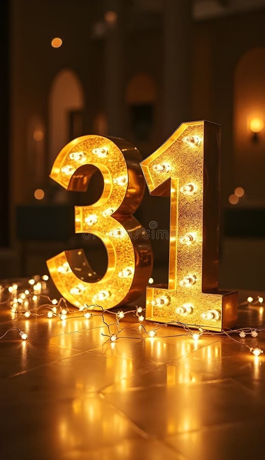 Dazzling Golden Number 31 Illuminated by Soft Glowing Lights on Dark ...