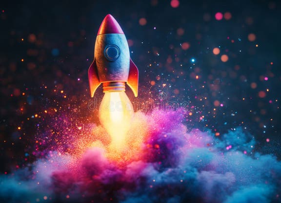 A Dazzling Lightbulb Explodes, Revealing a Colorful Rocket Taking ...