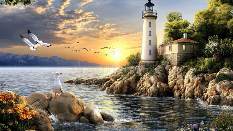 Dazzling Orange-Hued Sky at Dusk Behind a White Tower with Empty Space ...