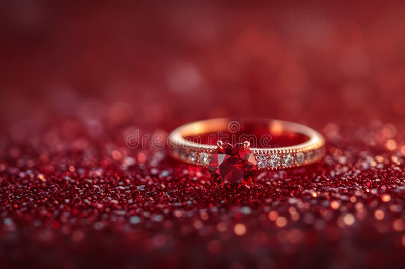 A Dazzling Ruby Ring Rests on a Bed of Shimmering Red Glitter Stock ...