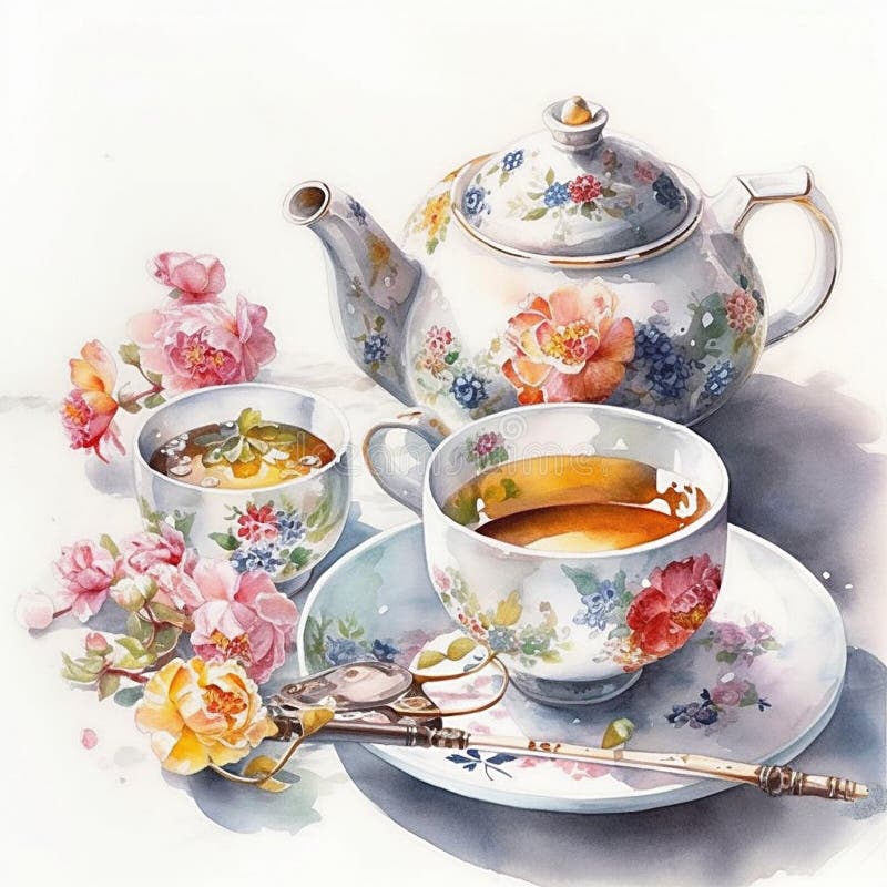 Tea Still Life Chinese Tea Set, Watercolor Illustration. Stock Photo ...
