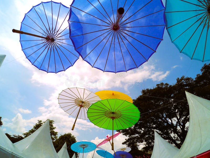 Colorful Umbrellas Hanging in the Sky Stock Image - Image of balloon ...