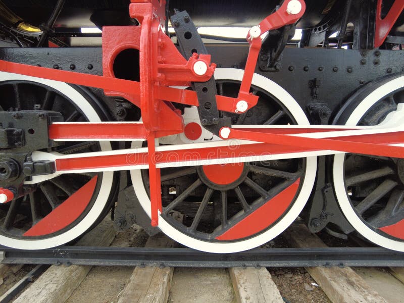 Mechanisms of an Old Steam Locomotive Standing on Rails in Detail ...