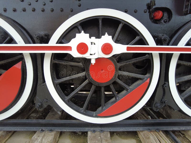 Mechanisms of an Old Steam Locomotive Standing on Rails in Detail ...