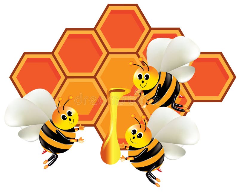 Pot Met Honing En Vliegende Bijen, Platte Geïsoleerde Afbeelding Vector ...