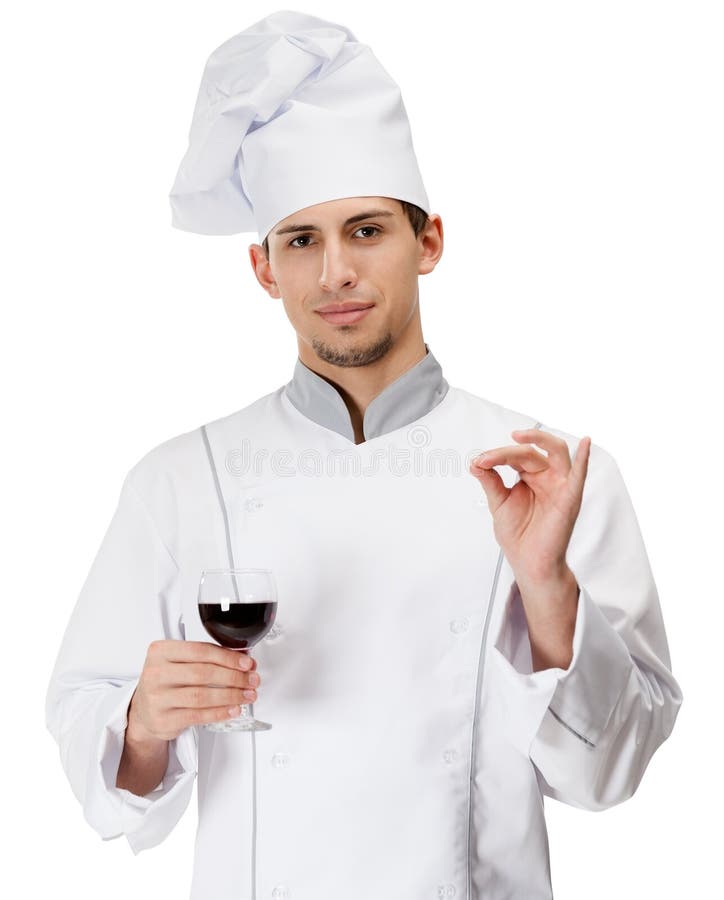 De Chef-kokkok Overhandigt Drinkbeker Met Wijn Stock Foto - Image of ...