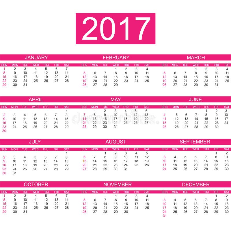 De Eenvoudige Kalender Het Engels Van 2017 Vector Illustratie ...