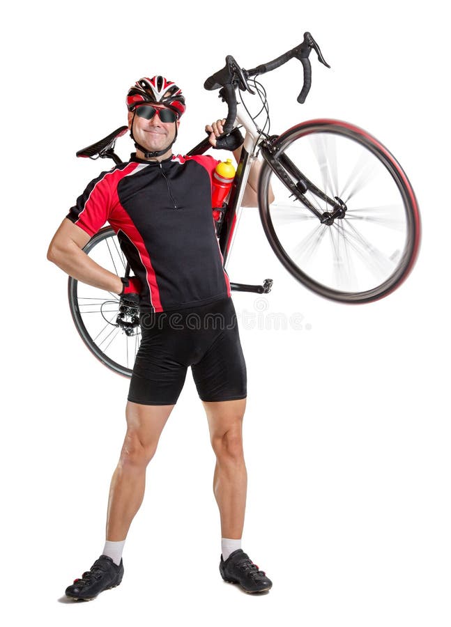 De Gelukkige Fietser Draagt Een Fiets Stock Afbeelding - Image of ...