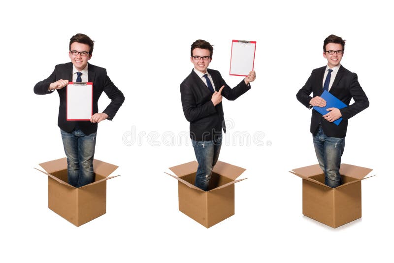 De Grappige Die Man Met Dozen Op Wit Wordt Geïsoleerd Stock Foto ...