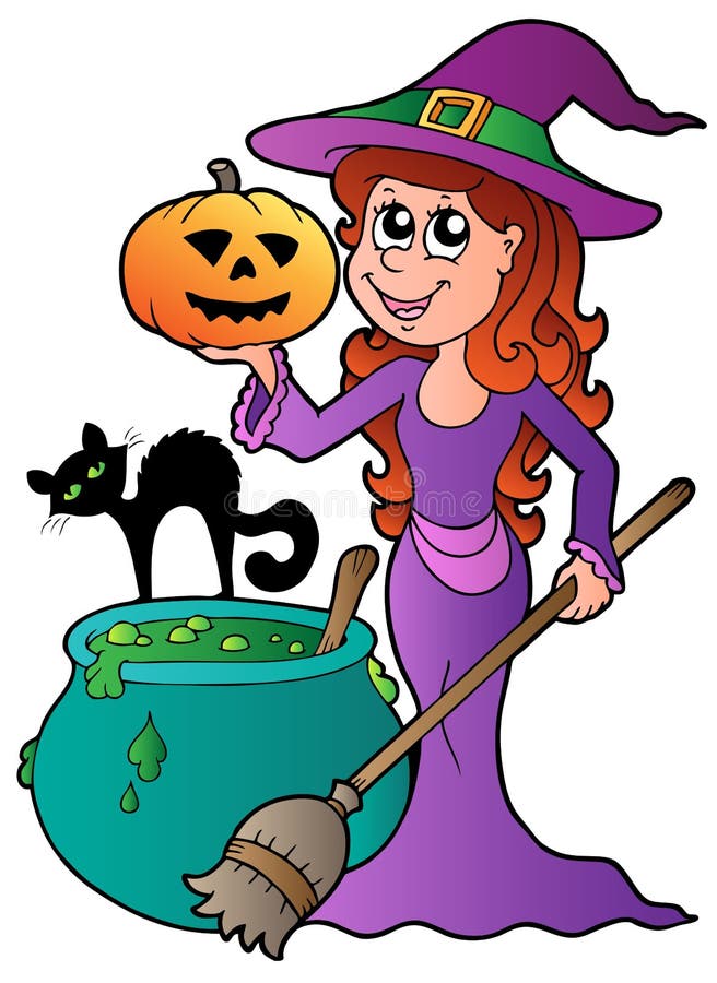 De Heks Van Halloween Van Het Beeldverhaal Met Kat Vector Illustratie ...