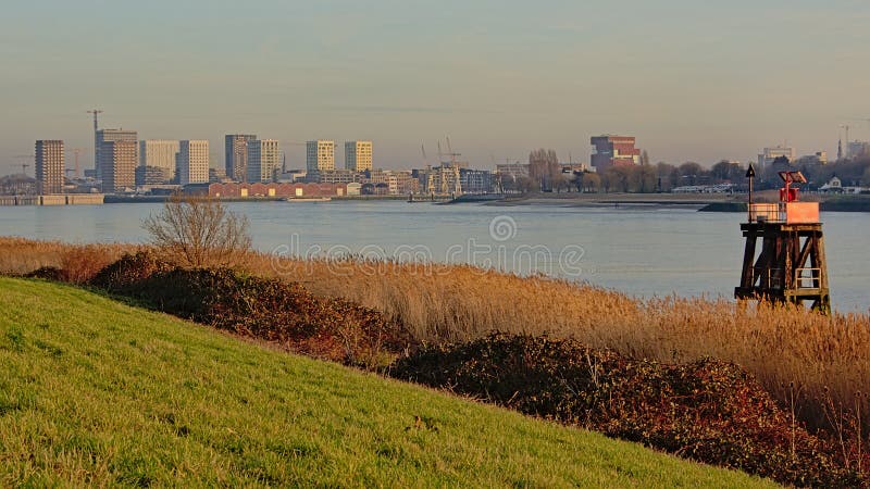 De Horizon Van Antwerpen Van Over Rivier Schelde, in Warm Avondlicht ...